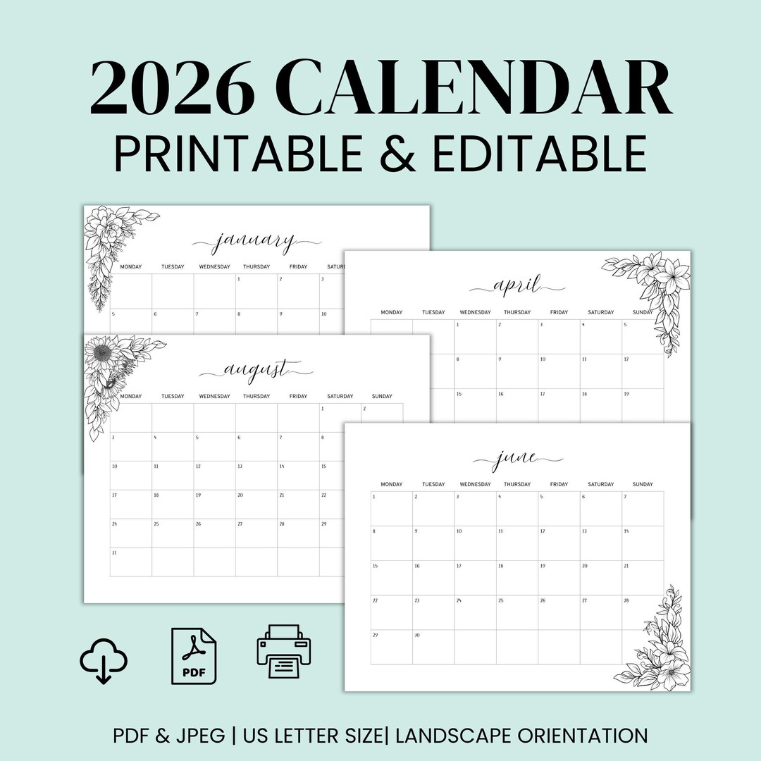 2026 Editable PDF Calendar, Floral Line Art Monthly Calendars Bundle ...