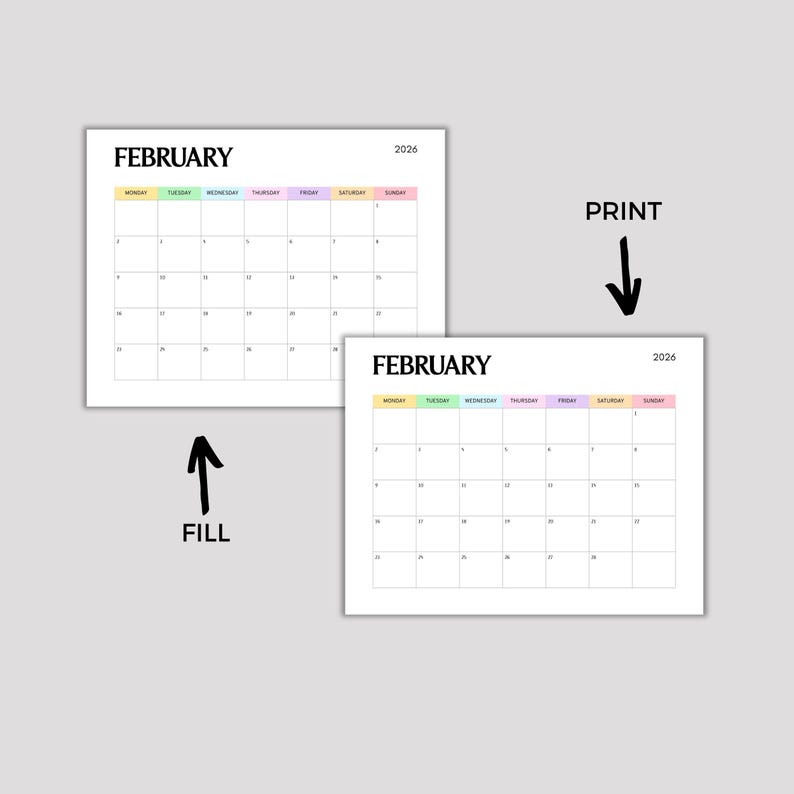 2026 February Rainbow Calendar, Editable Printable (PDF & JPEG) - Etsy