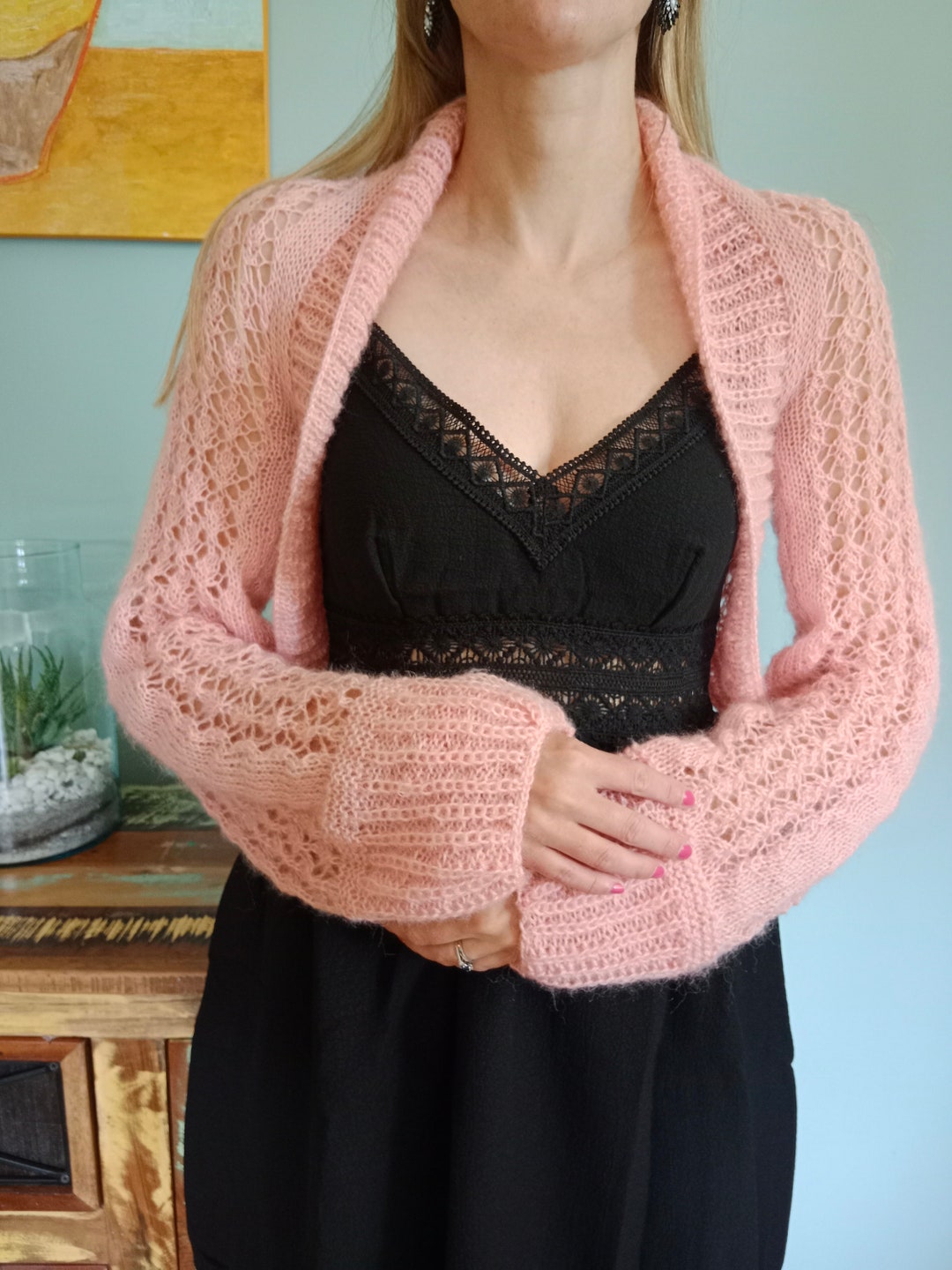 Knitted Pink Cardigan, Woman Pink Shrug, Bolero Cardigan Pattern ...