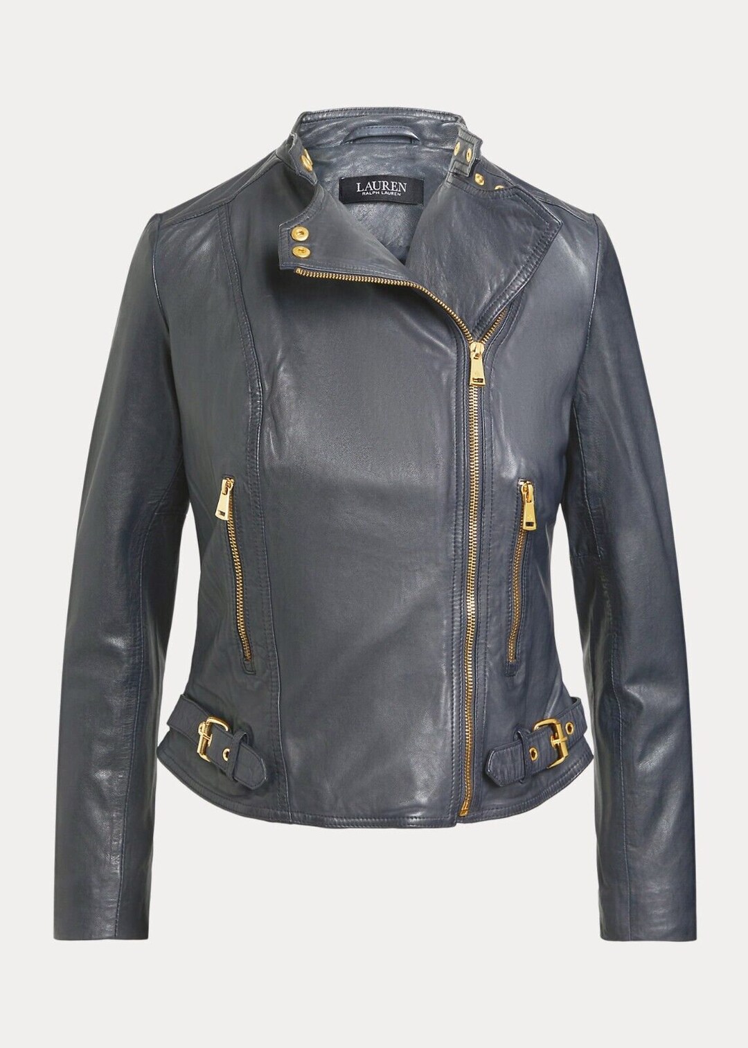 Lauren Ralph Lauren Tumbled Burnished Leather Moto Biker Jacket Blue ...
