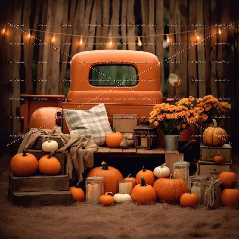 10 Autumn Digital Background Bundle, Orange Truck and Pumpkins Backdrop ...