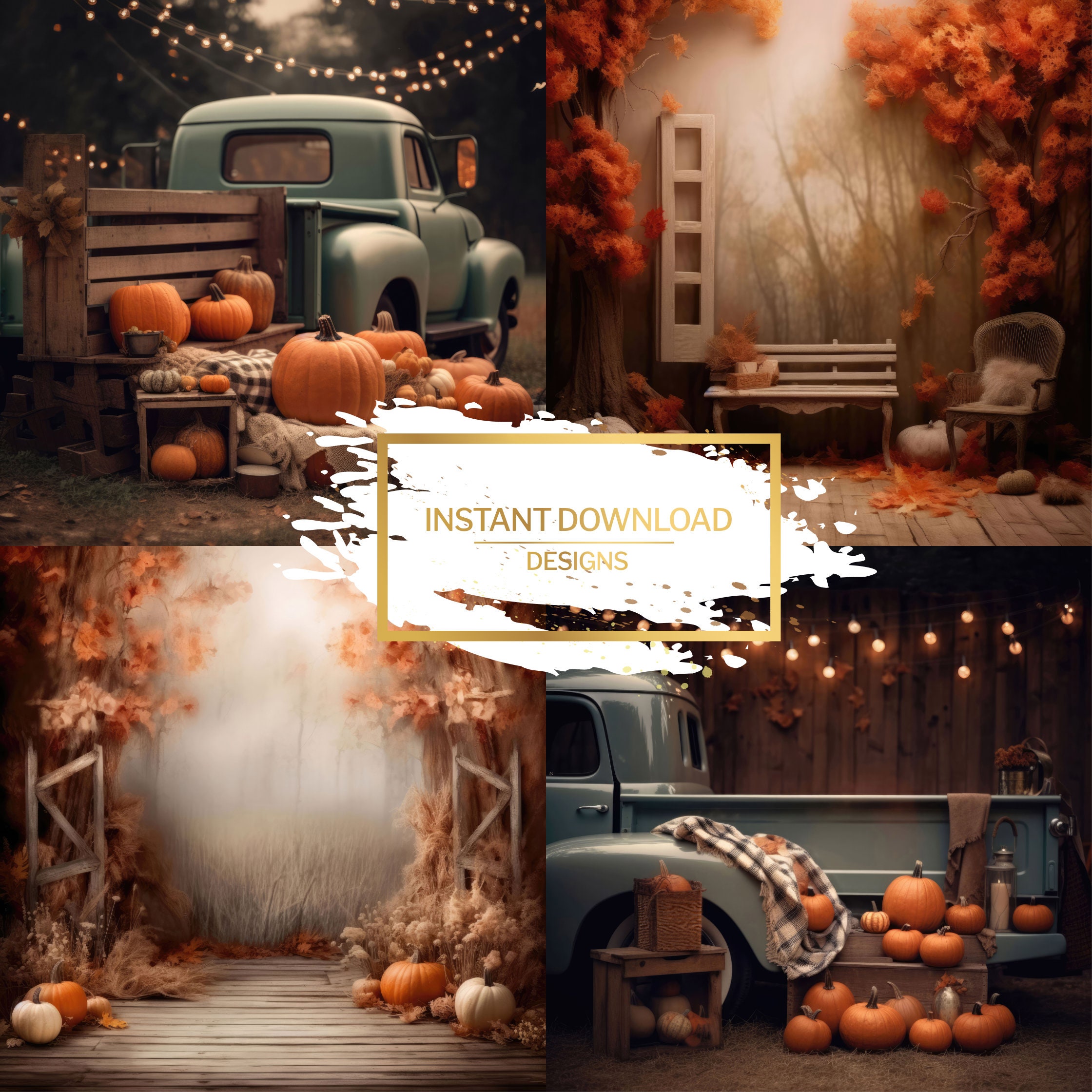 100 Autumn Digital Background Bundle, Orange Truck and Pumpkins Autumn ...