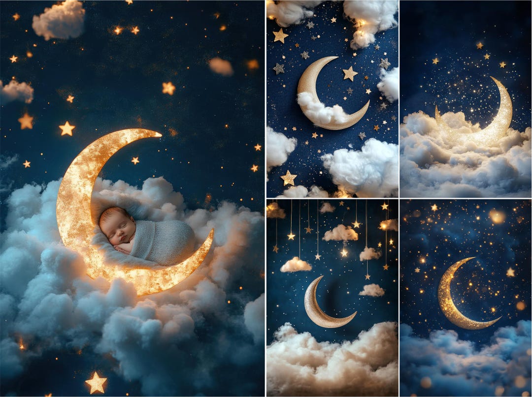 9 Digital Newborn Backdrop, Moon Stars Newborn Digital Background ...