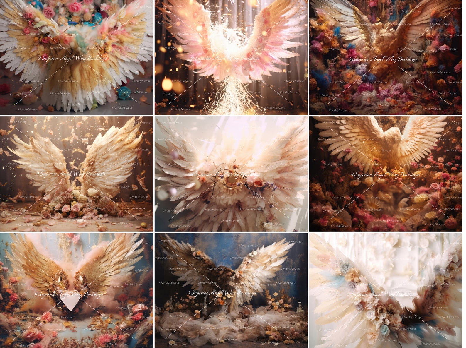 9 X Digital Backdrops, Floral Angel Wings Digital Backgrounds ...