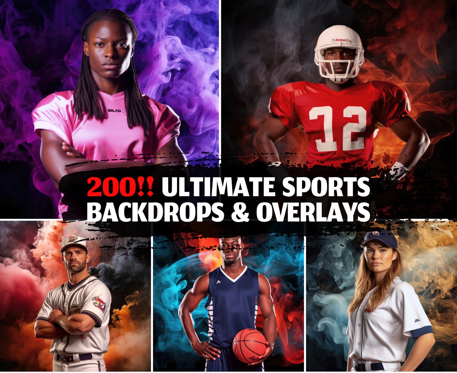 200 Sports Backgrounds & Overlay Bundle: Smoke Fog Overlays and Digital ...