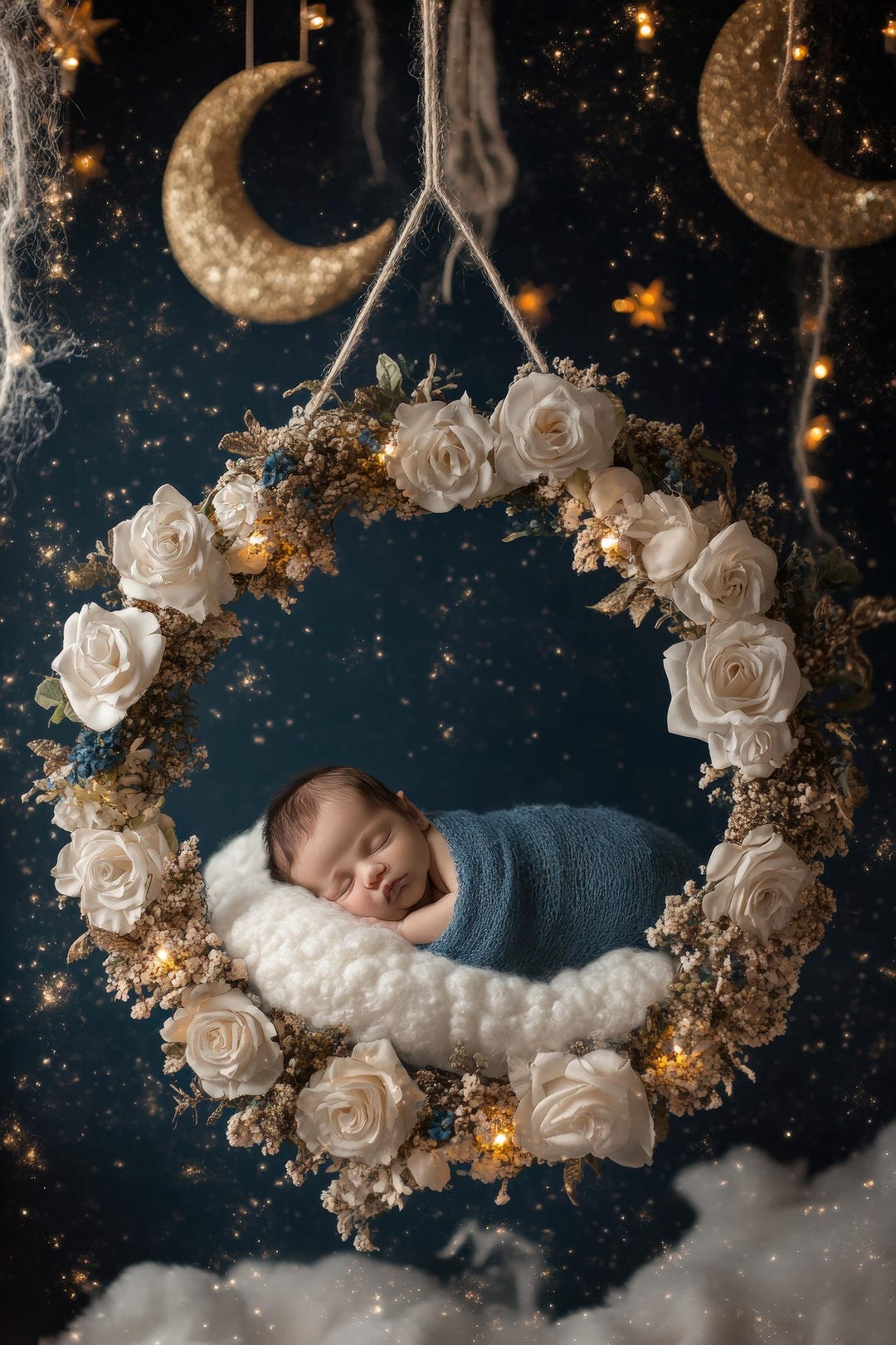Newborn Digital Backdrop, Blue Crescent Moon, Baby Boy Girl, Moon Star ...