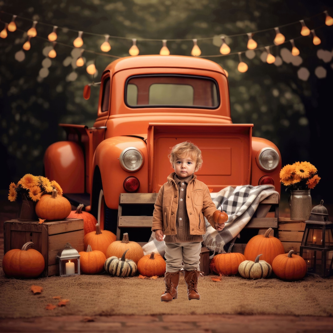 10 Autumn Digital Background Bundle, Orange Truck and Pumpkins Backdrop ...