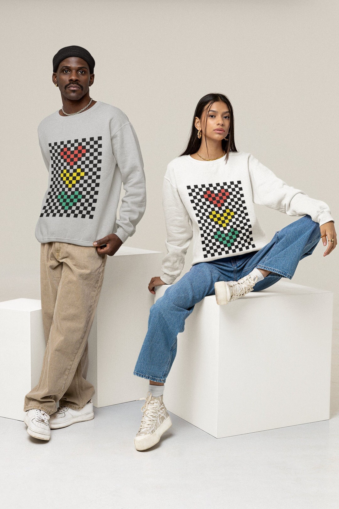 Pixel Art Heart Checkerboard Sweatshirt, Trendy Y2k Aesthetics Pullover ...
