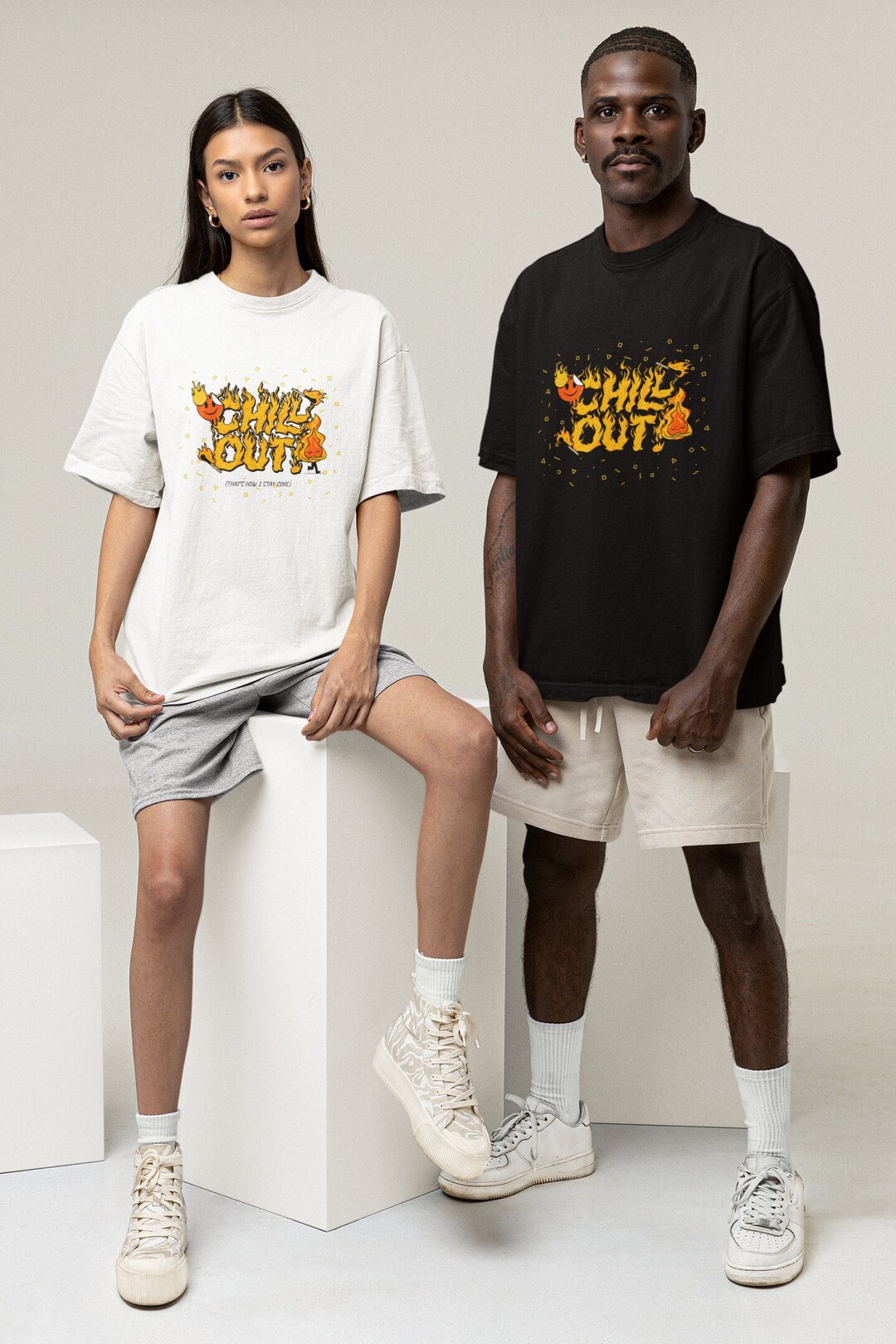 Yellow and Red Flame Illustration T-shirt, Chill Out Streetwear, Unisex ...