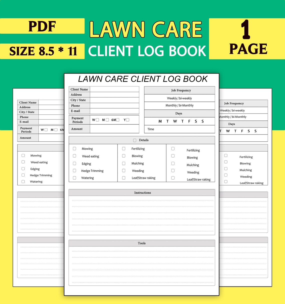 Lawn Care Client Log Book | Landscaping Service Record | Printable ...
