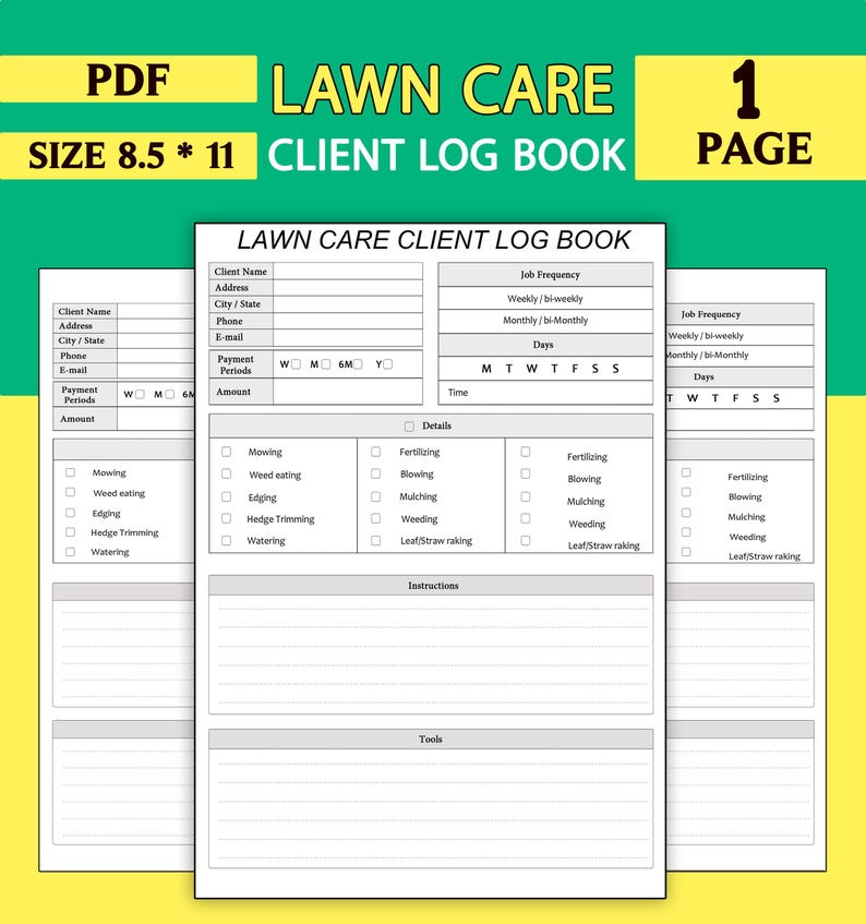 Lawn Care Client Log Book | Landscaping Service Record | Printable ...