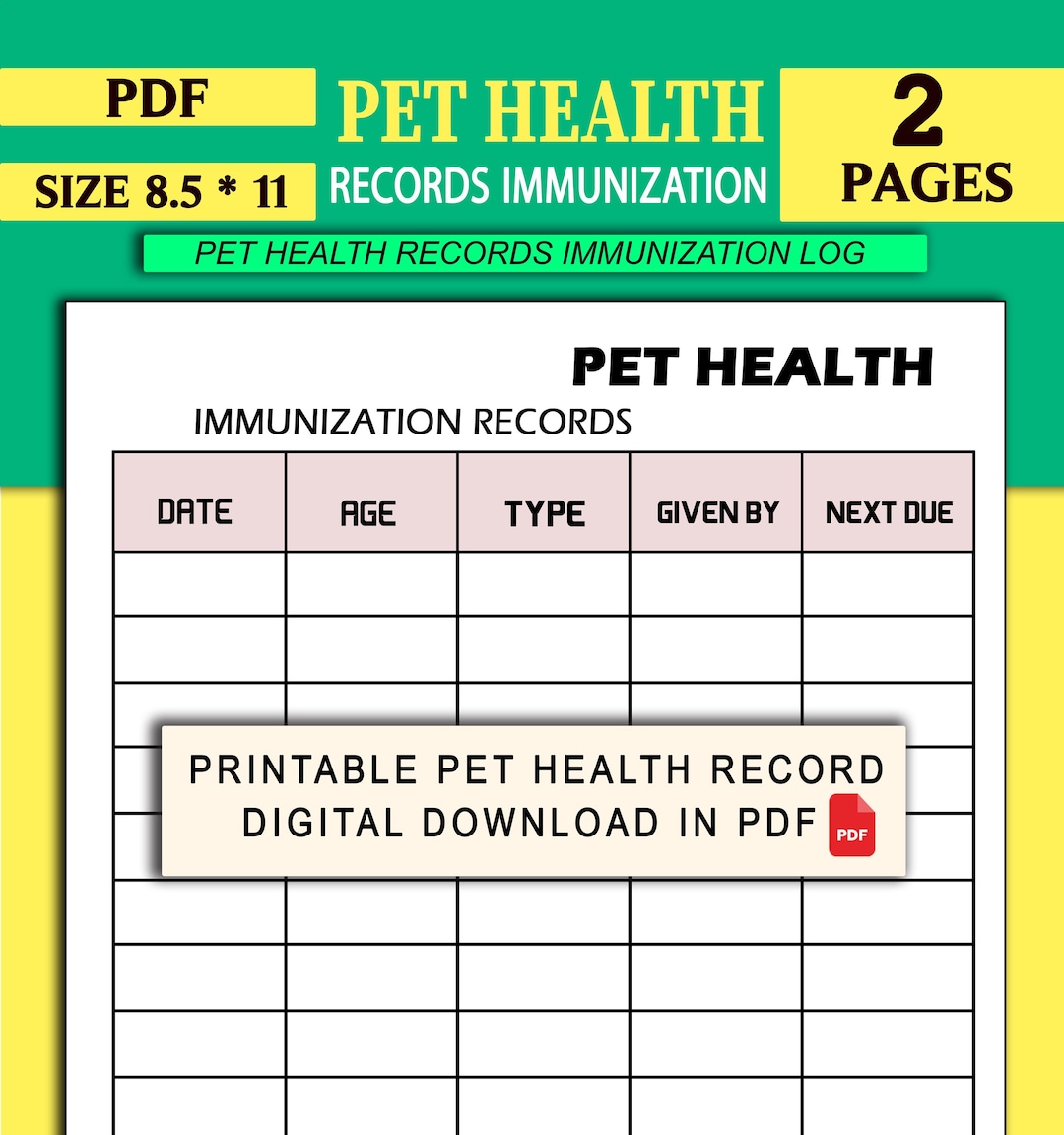 Pet Health Records | Vaccination and Immunization Tracker | Printable ...