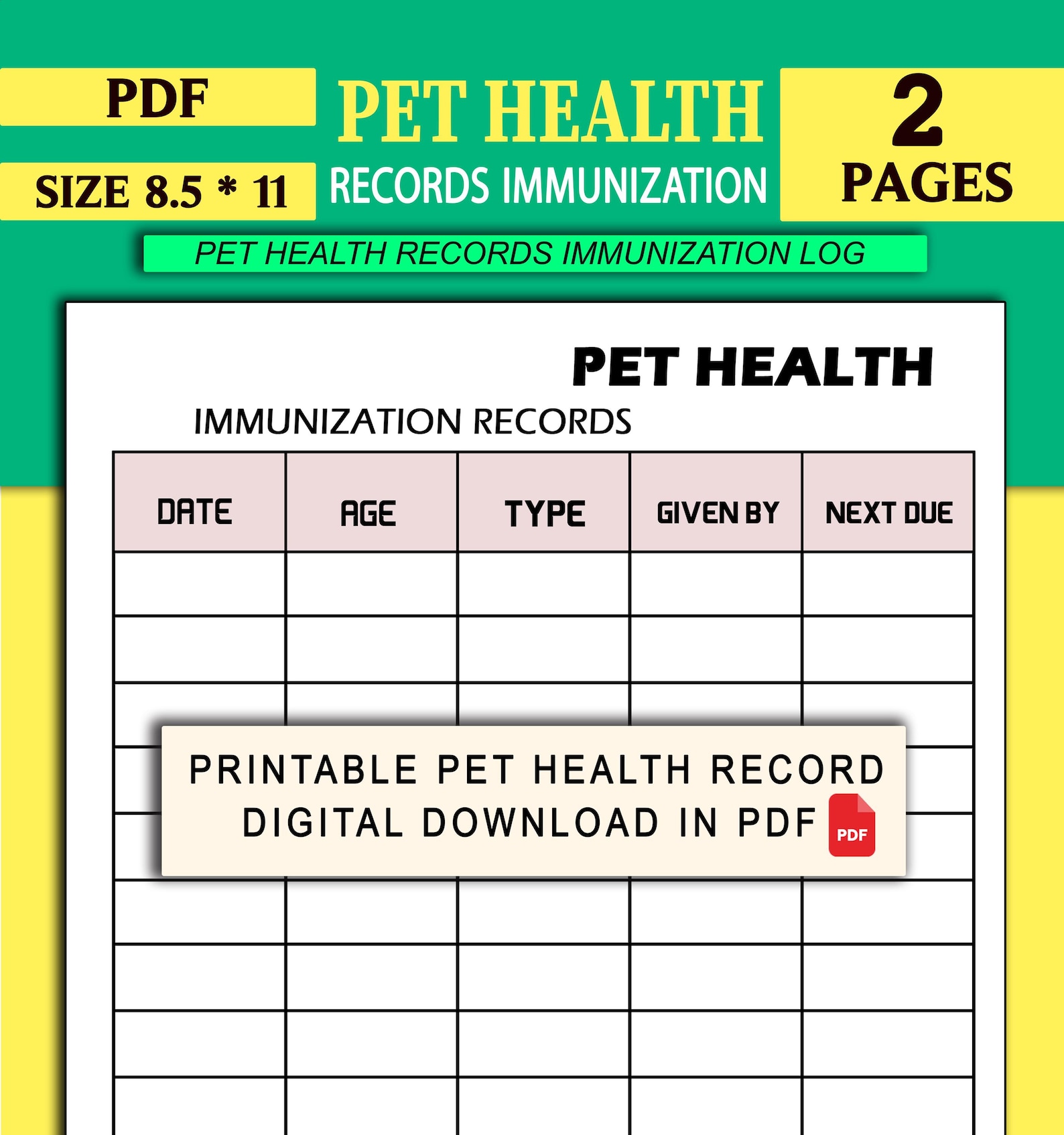 Pet Health Records | Vaccination and Immunization Tracker | Printable ...