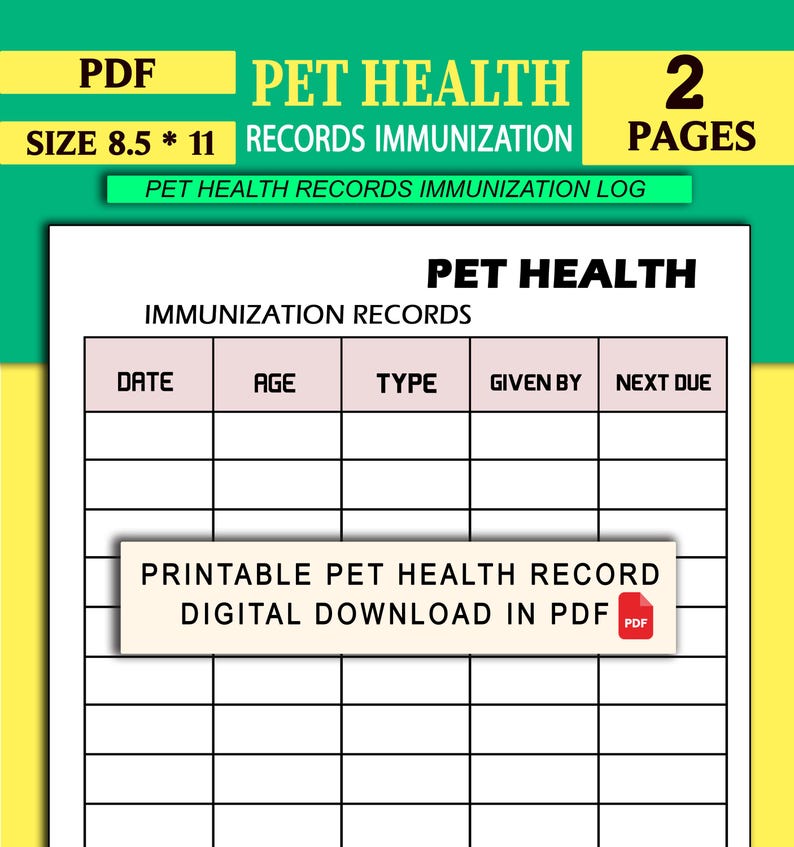 Pet Health Records | Vaccination and Immunization Tracker | Printable ...