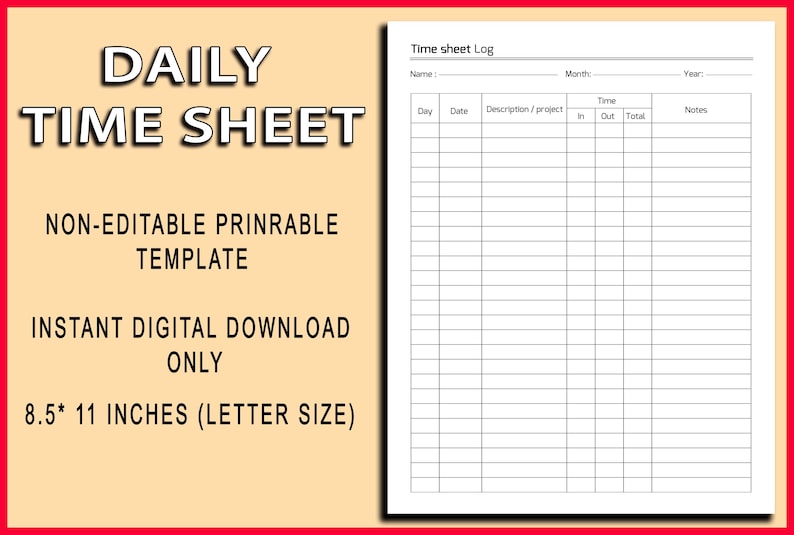 Daily Timesheet Template Printable | Work Hours Tracker PDF | Employee ...