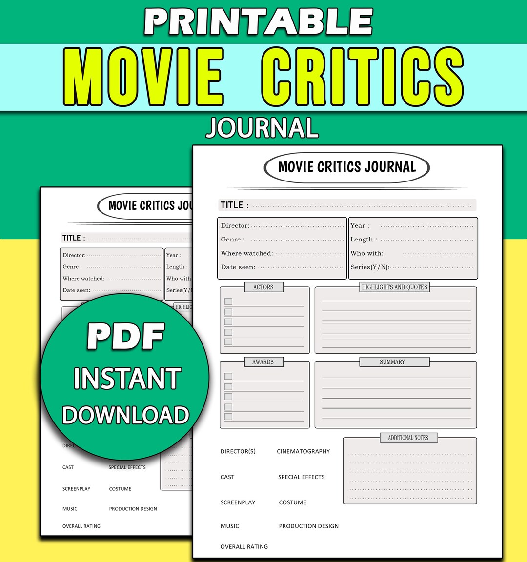Movie Review Journal Printable: Film Log Book & Cinema Tracker (PDF 6x9 ...