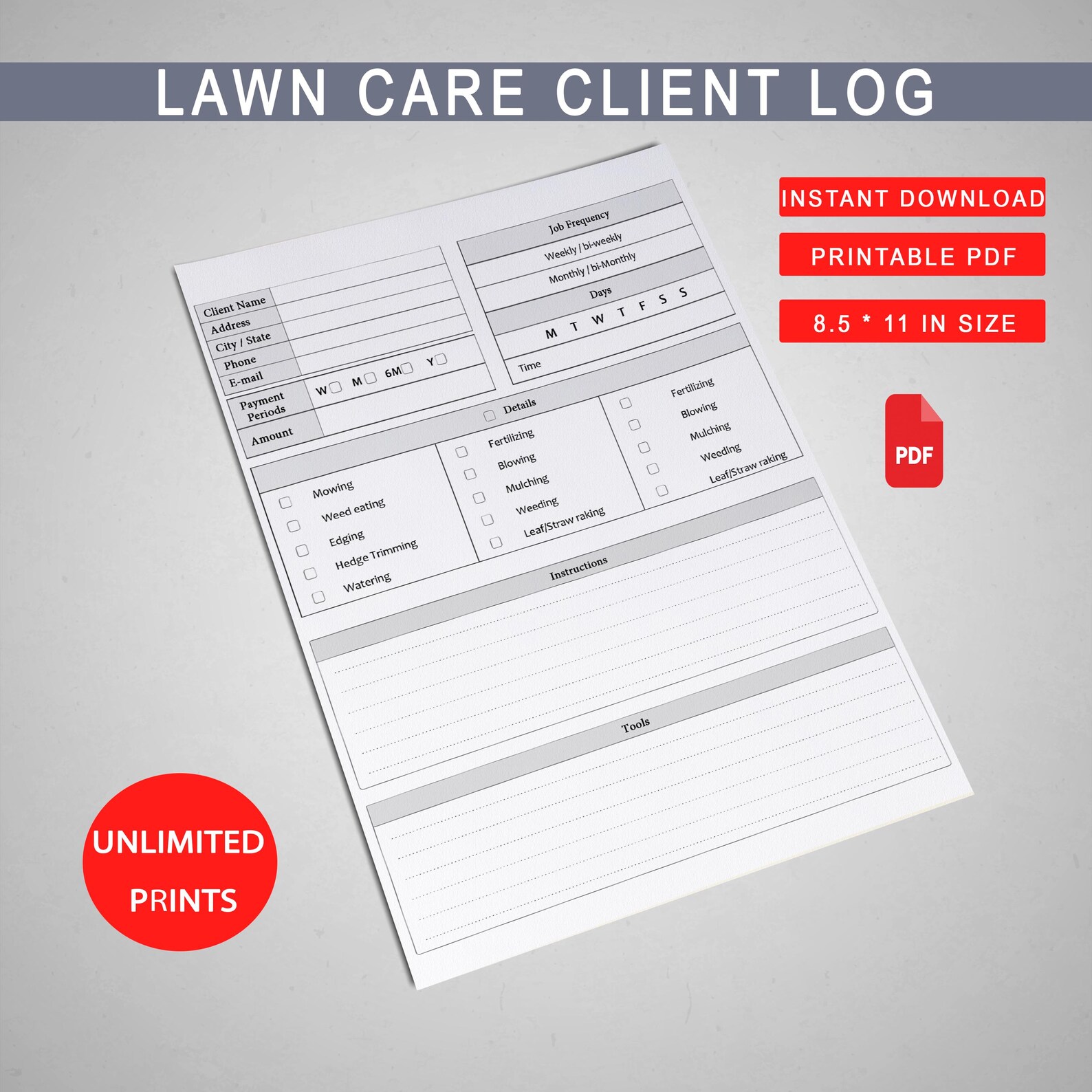 Lawn Care Client Log Book | Landscaping Service Record | Printable ...