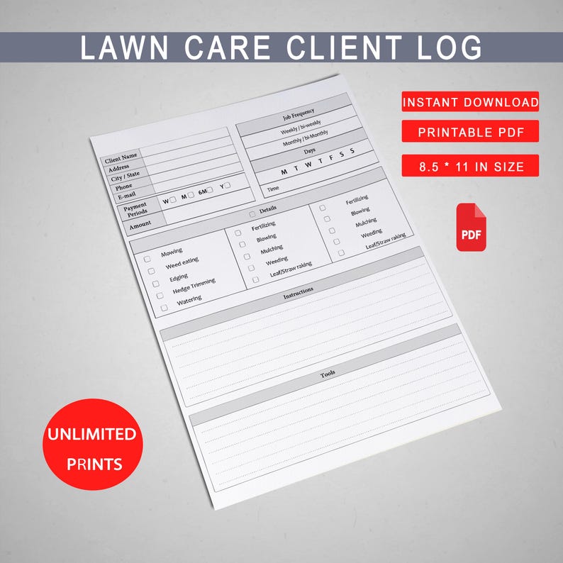 Lawn Care Client Log Book | Landscaping Service Record | Printable ...