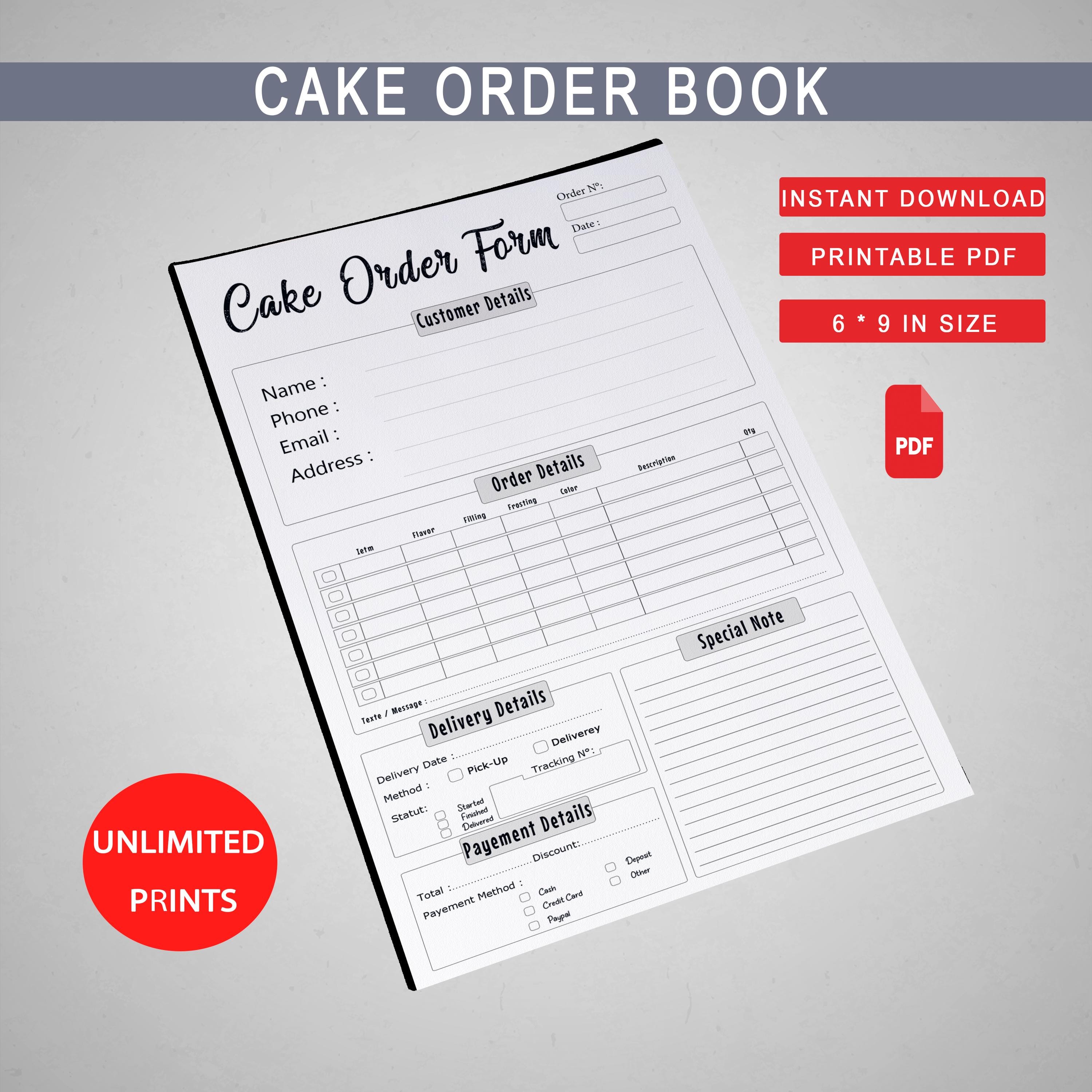 Printable Cake Order Form | Bakery Custom Request | Wedding, Birthday ...