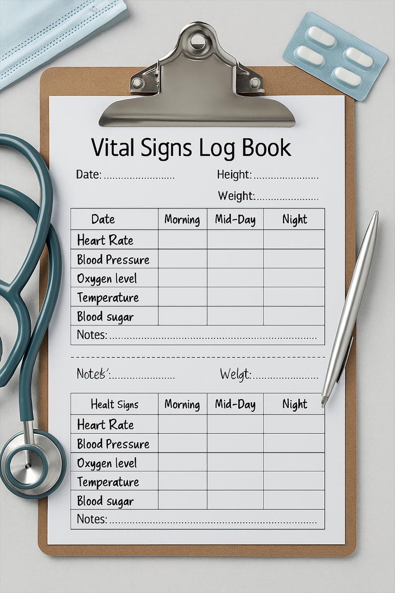 Vital Signs Log Book Printable | Blood Pressure, Heart Rate | Medical ...