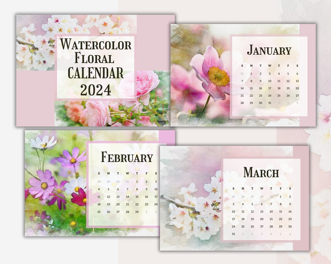 Watercolor Floral Calendar 2024/ Watercolor Monthly Calendar2024 ...