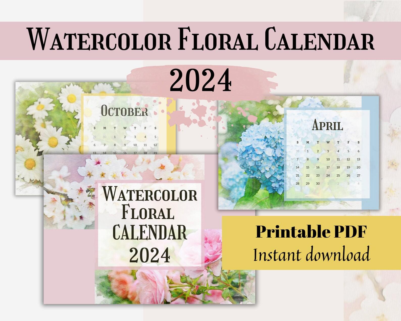 Watercolor Floral Calendar 2024/ Watercolor Monthly Calendar2024 ...