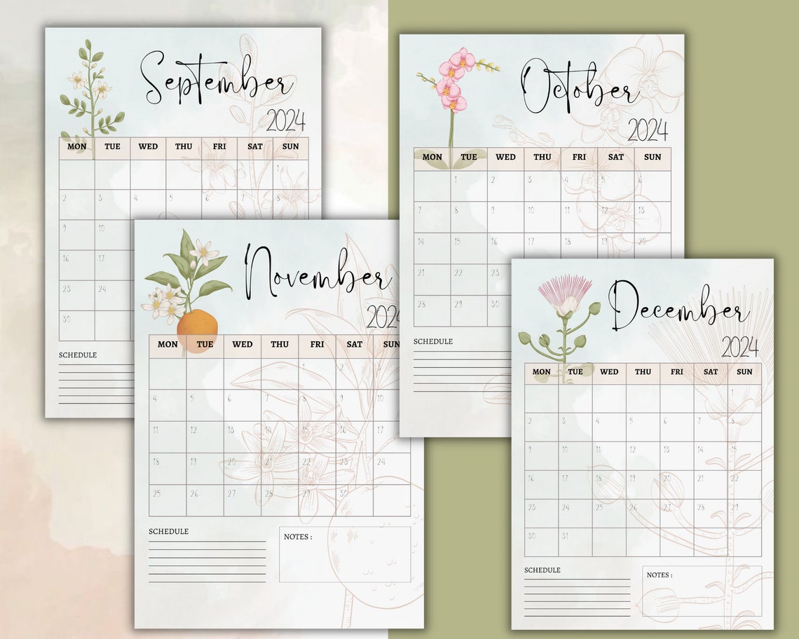 PDF Floral Calendar 2024/ Floral Calendar With Watercolor Background ...
