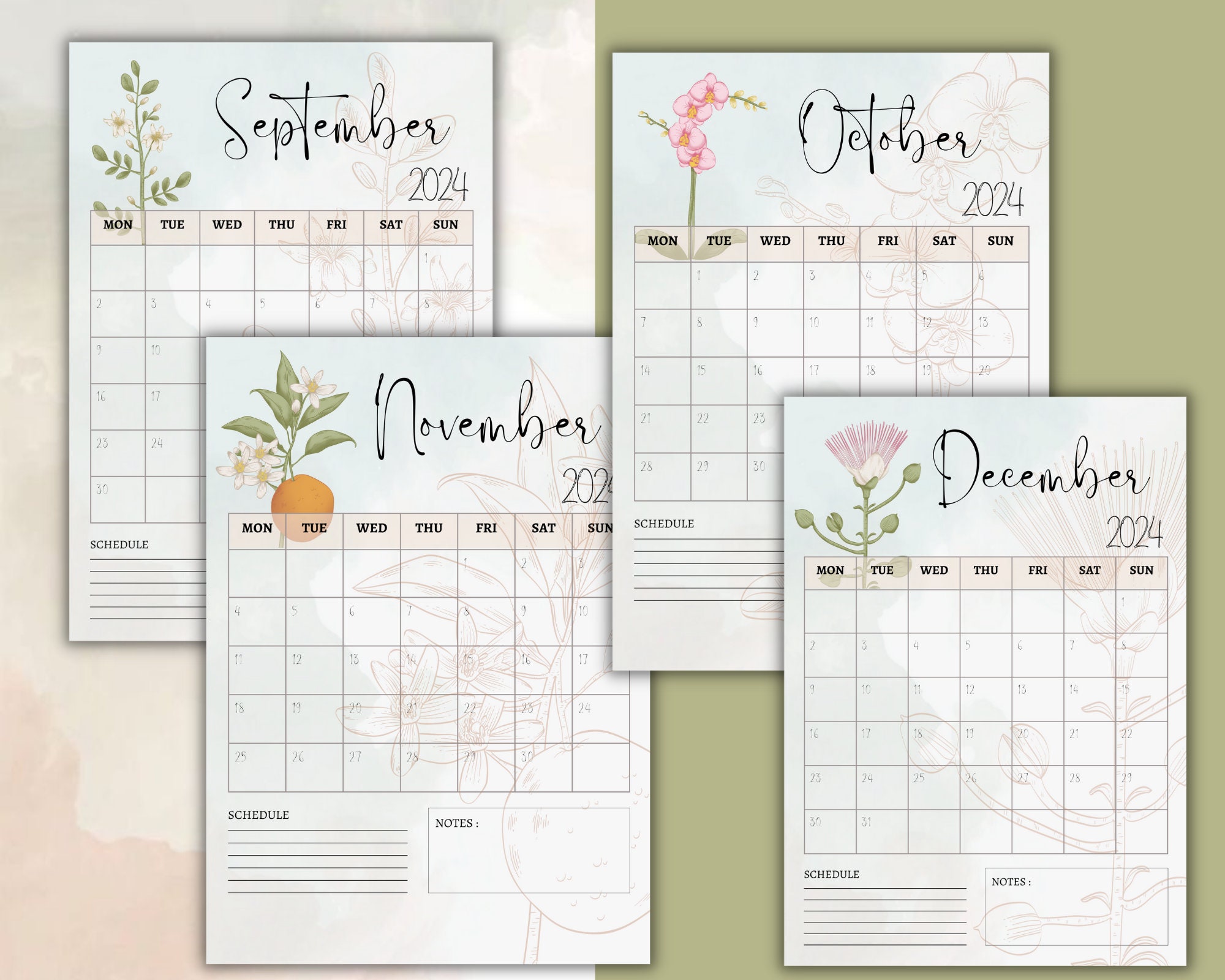 PDF Floral Calendar 2024/ Floral Calendar With Watercolor Background ...