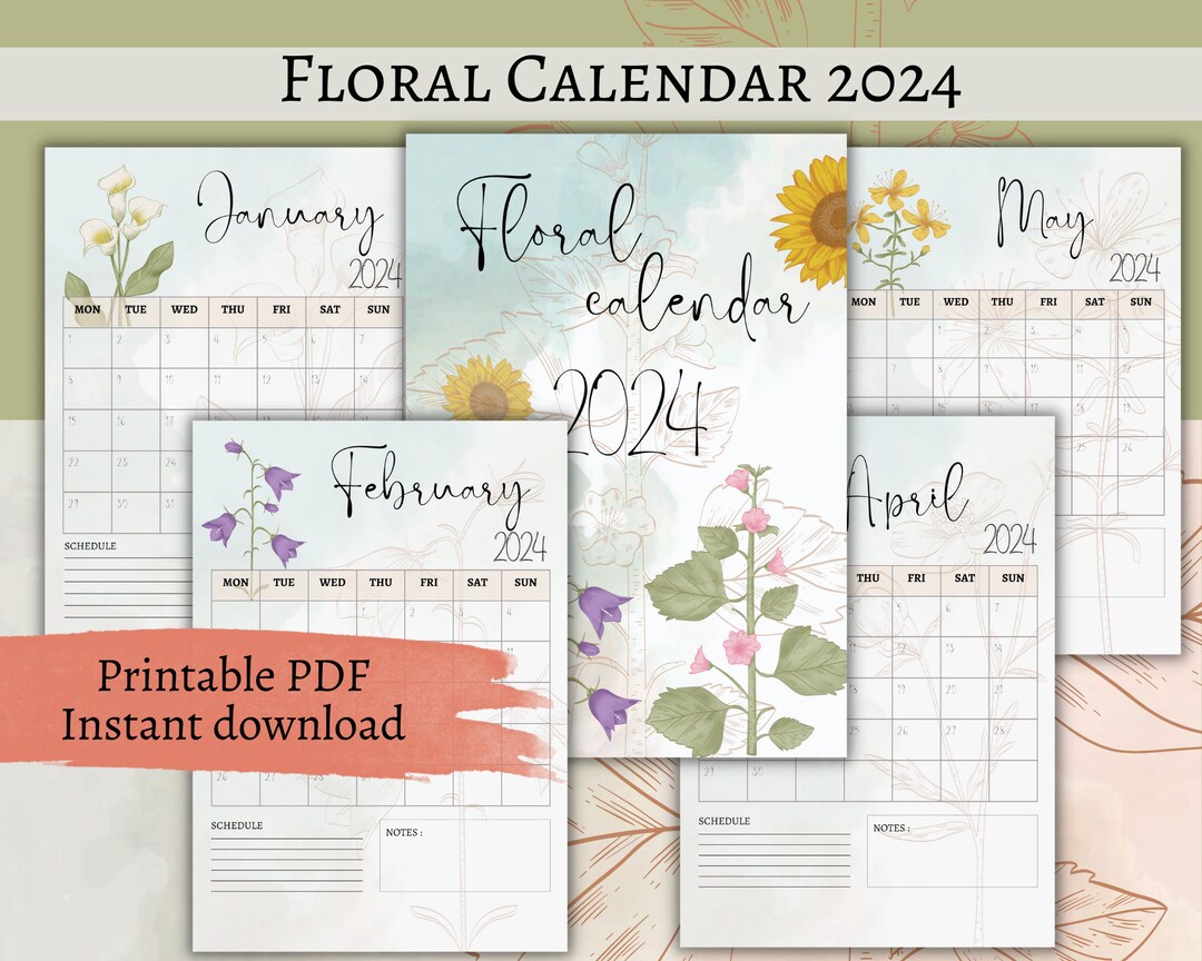 PDF Floral Calendar 2024/ Floral Calendar With Watercolor Background ...