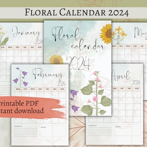 PDF Floral Calendar 2024/ Floral Calendar With Watercolor Background ...