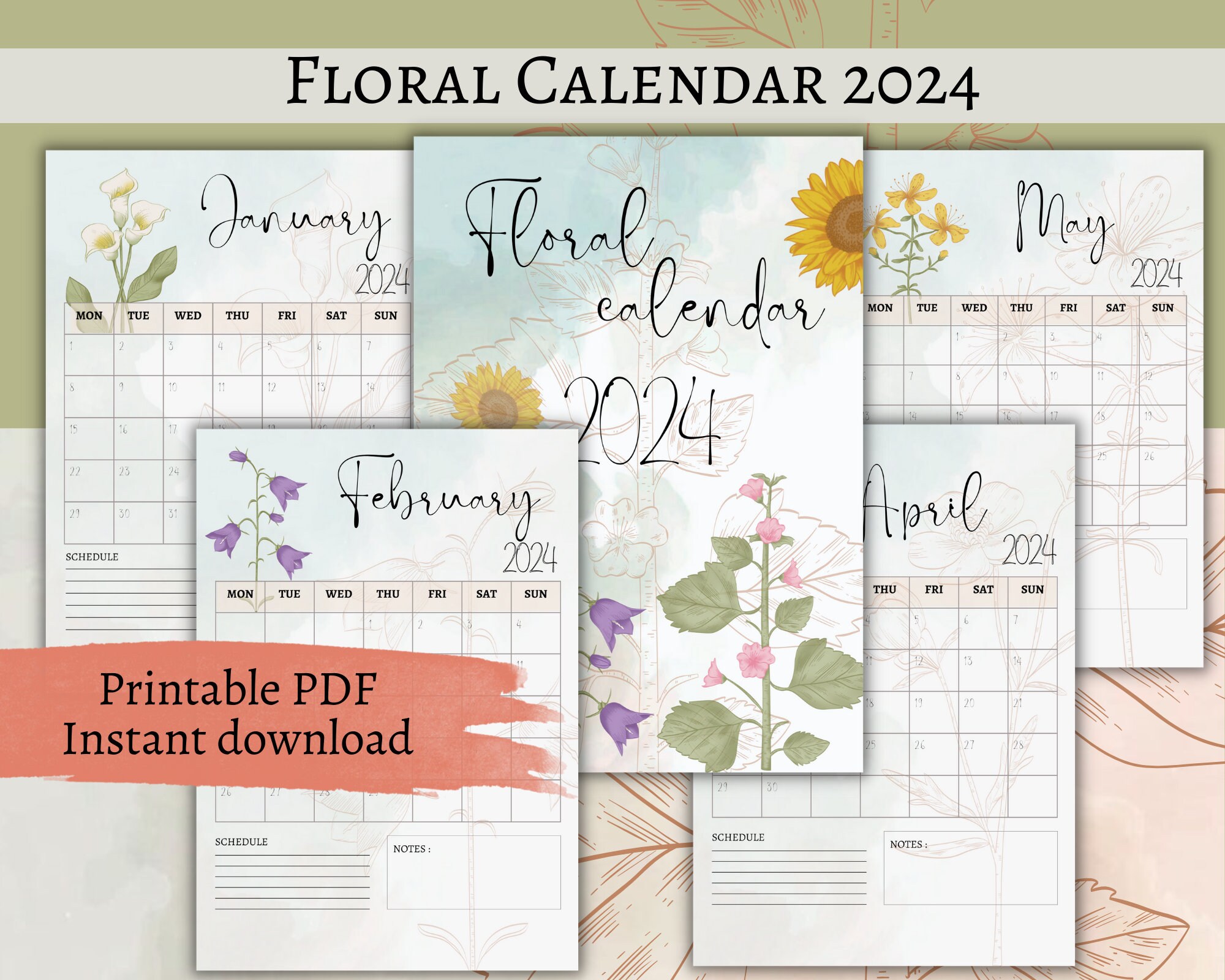 PDF Floral Calendar 2024/ Floral Calendar With Watercolor Background ...