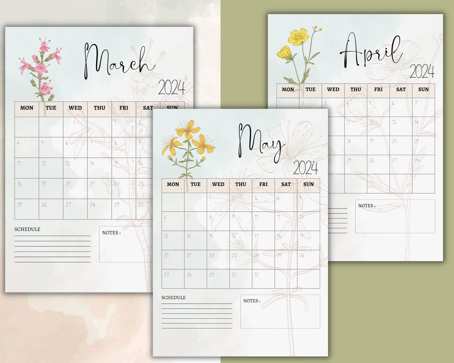 PDF Floral Calendar 2024/ Floral Calendar With Watercolor Background ...