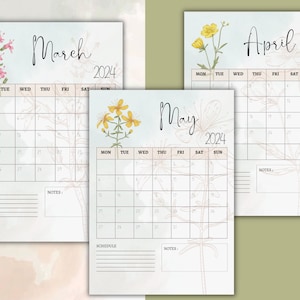 PDF Floral Calendar 2024/ Floral Calendar With Watercolor Background ...