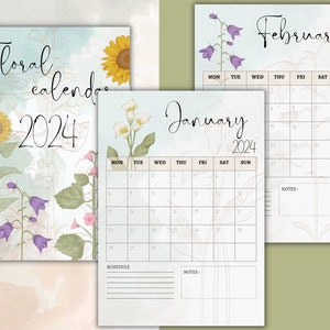 PDF Floral Calendar 2024/ Floral Calendar With Watercolor Background ...
