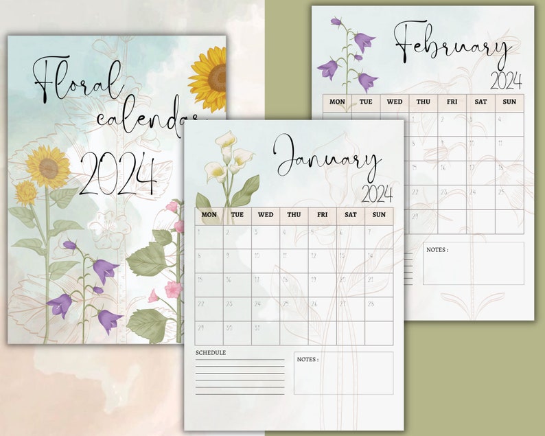 PDF Floral Calendar 2024/ Floral Calendar With Watercolor Background ...