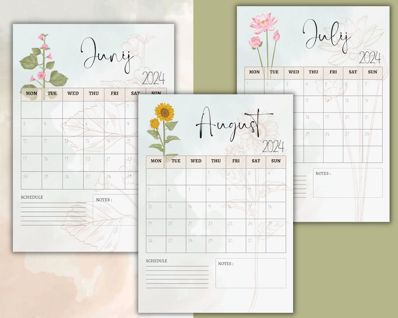 PDF Floral Calendar 2024/ Floral Calendar With Watercolor Background ...