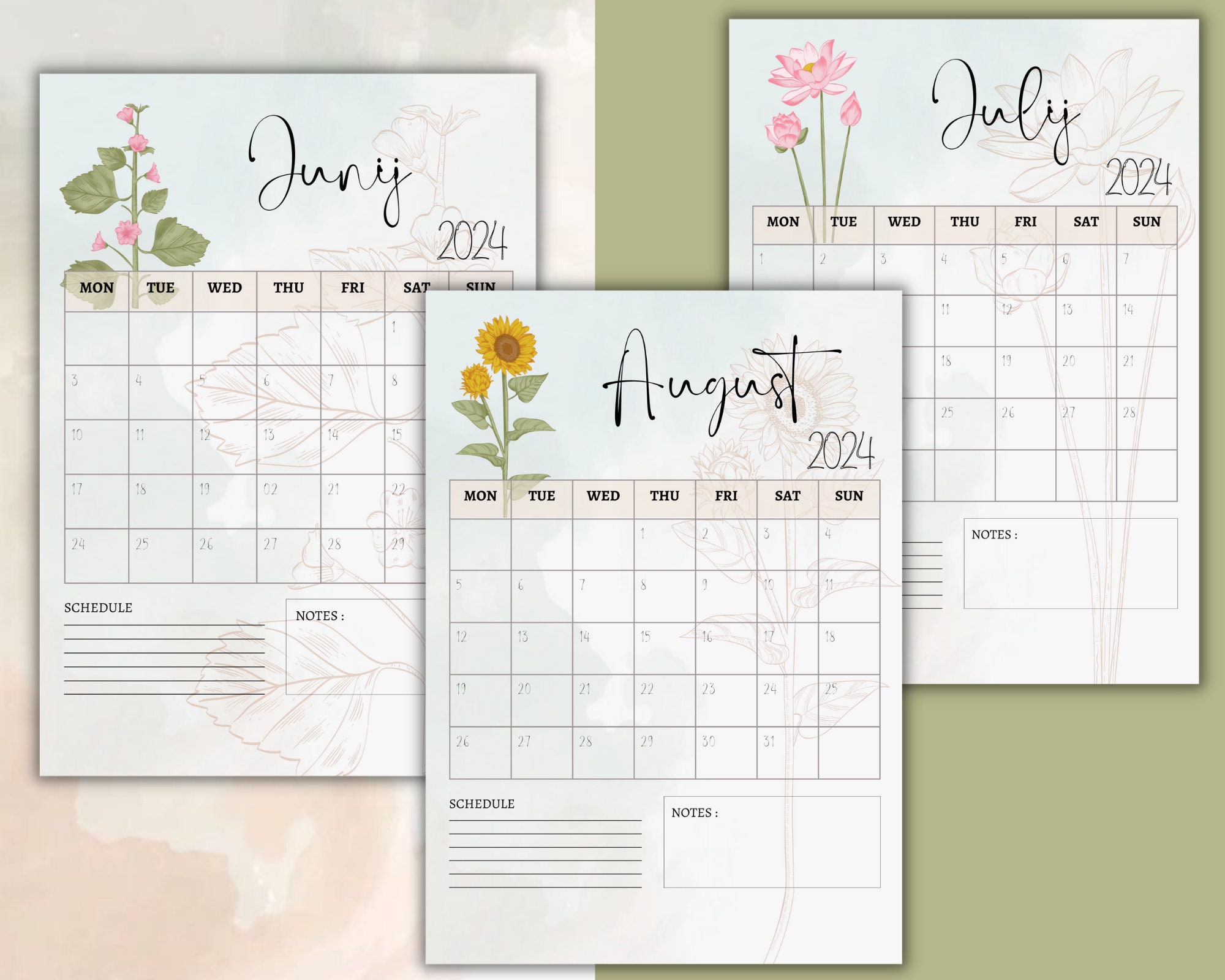 PDF Floral Calendar 2024/ Floral Calendar With Watercolor Background ...