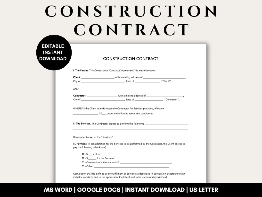 Construction Contract | Editable in MS WORD | PDF Printable | Instant ...