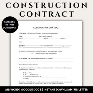 Construction Contract | Editable in MS WORD | PDF Printable | Instant ...