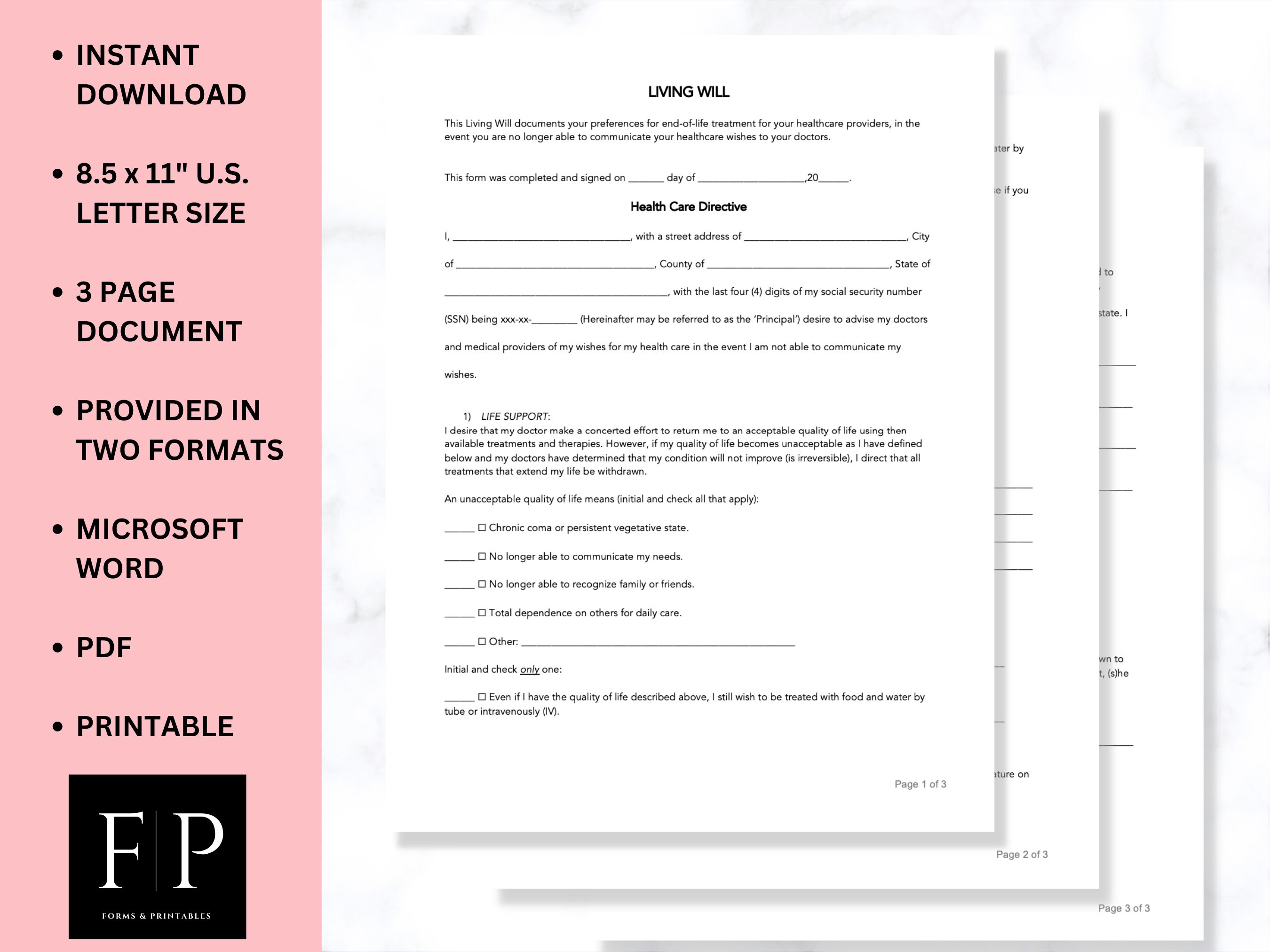 Living Will Form Health Care Directive Advanced Directives Etsy