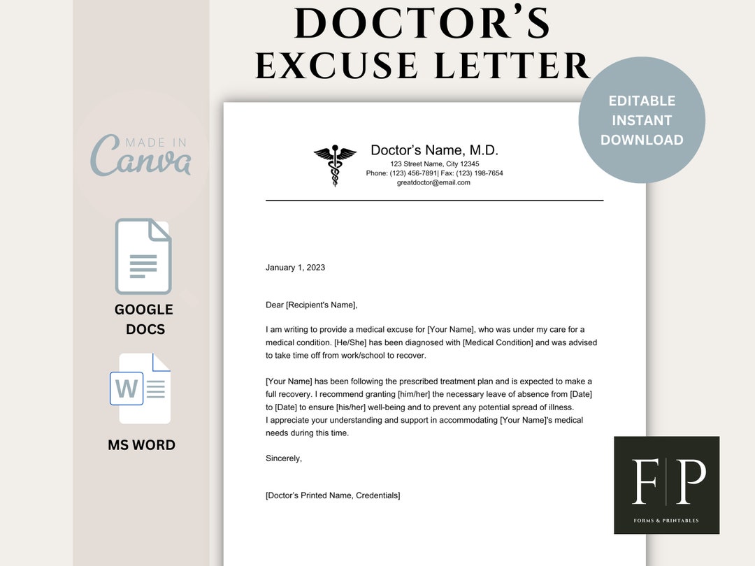Doctor's Note Template Doctor's Excuse Letter Doctor Excuse Work School ...