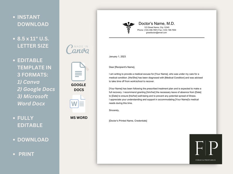 Editable Doctor's Excuse Letter Template: Canva, Word, Google Docs - Etsy