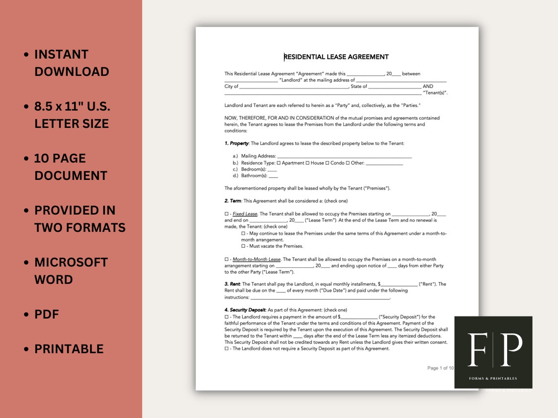 Residential Lease Agreement Template: Editable Rental Form (PDF & Word ...