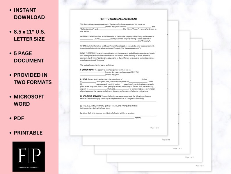 Rent to Own Lease Agreement Printable Rental Agreement - Etsy