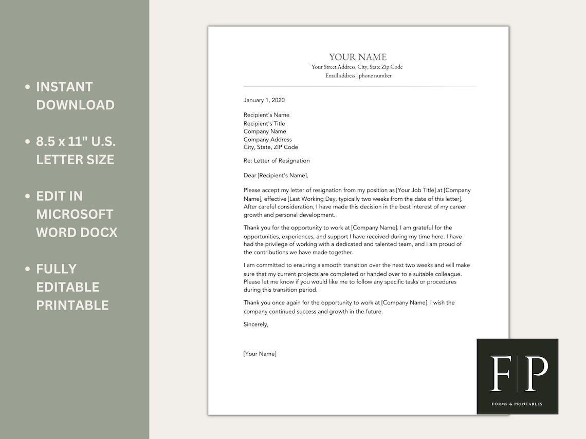 Resignation Letter Template| Editable | Microsoft Word - Etsy
