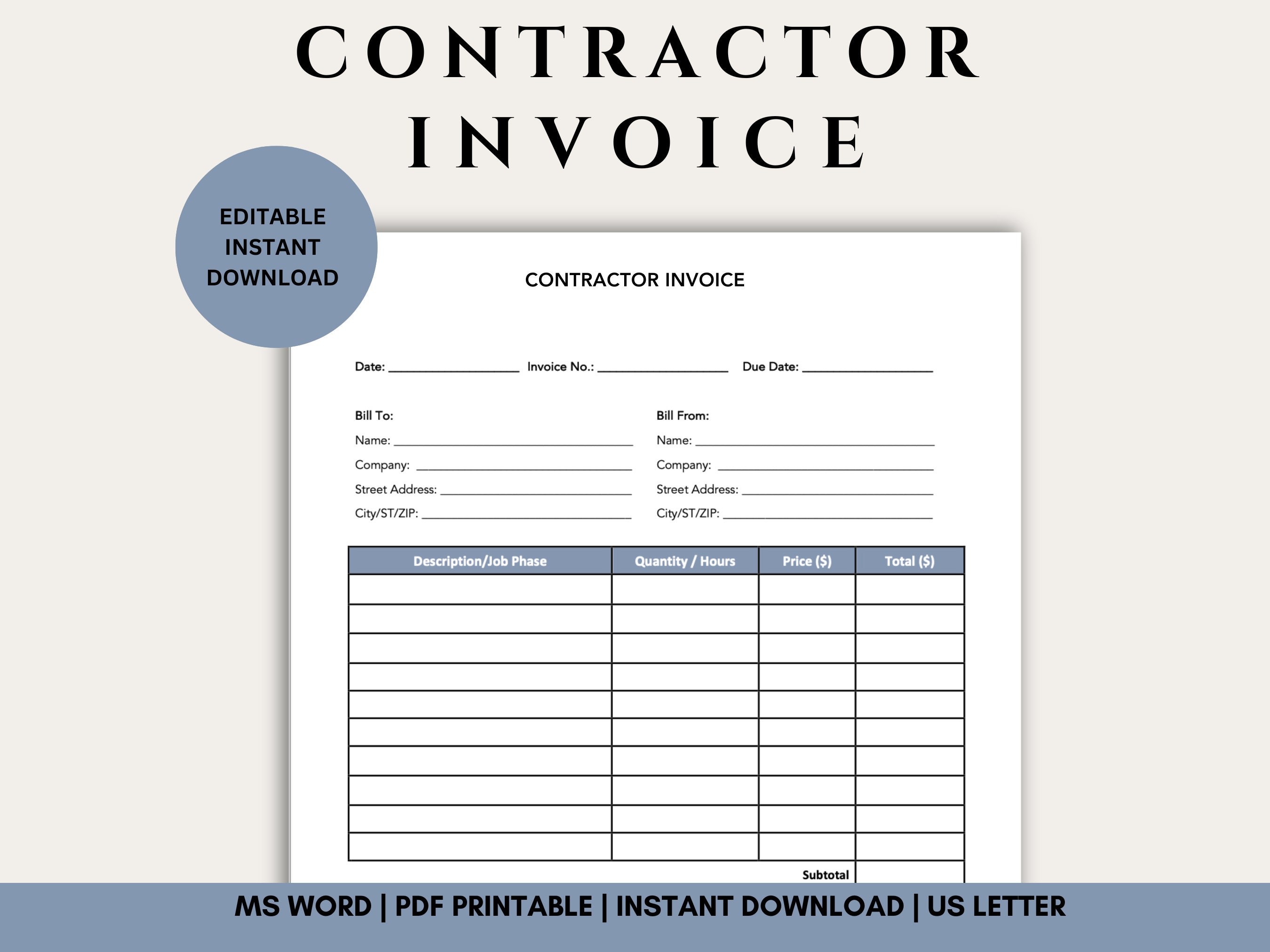 Contractor Invoice Template | Editable in MS WORD | Printable PDF ...