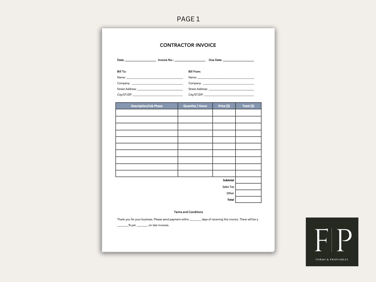 Contractor Invoice Template | Editable in MS WORD | Printable PDF ...