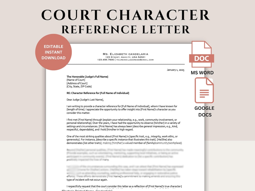 Editable Court Character Reference Letter Template (MS Word, Google ...
