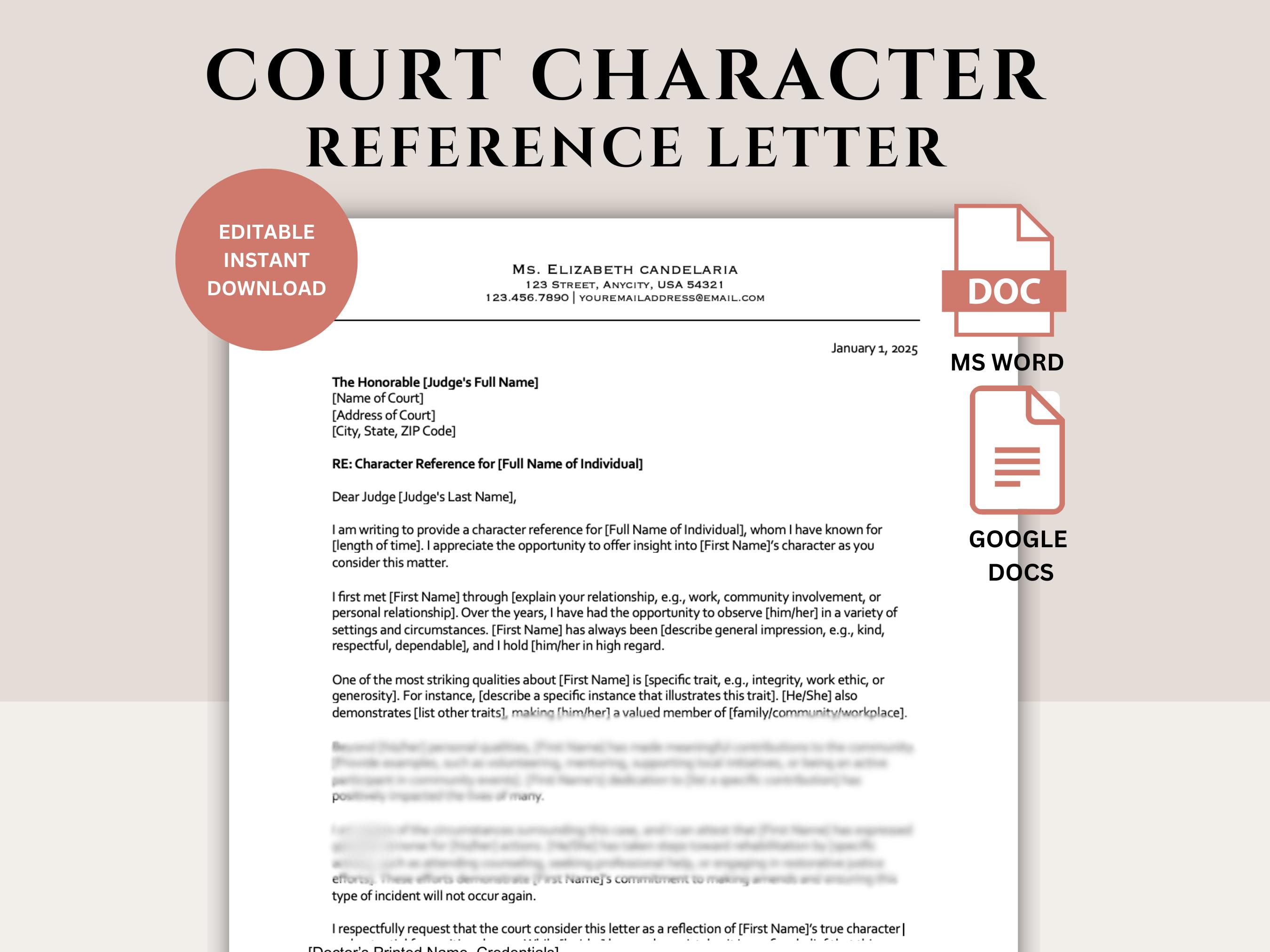 Court Character Reference Letter Template | Editable Court Character ...