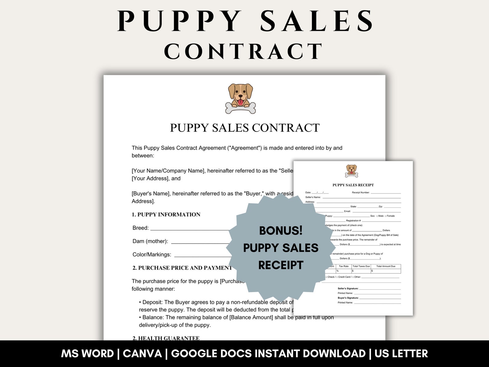 Editable Puppy Sales Contract Template (MS Word, Google Docs, Canva) - Etsy